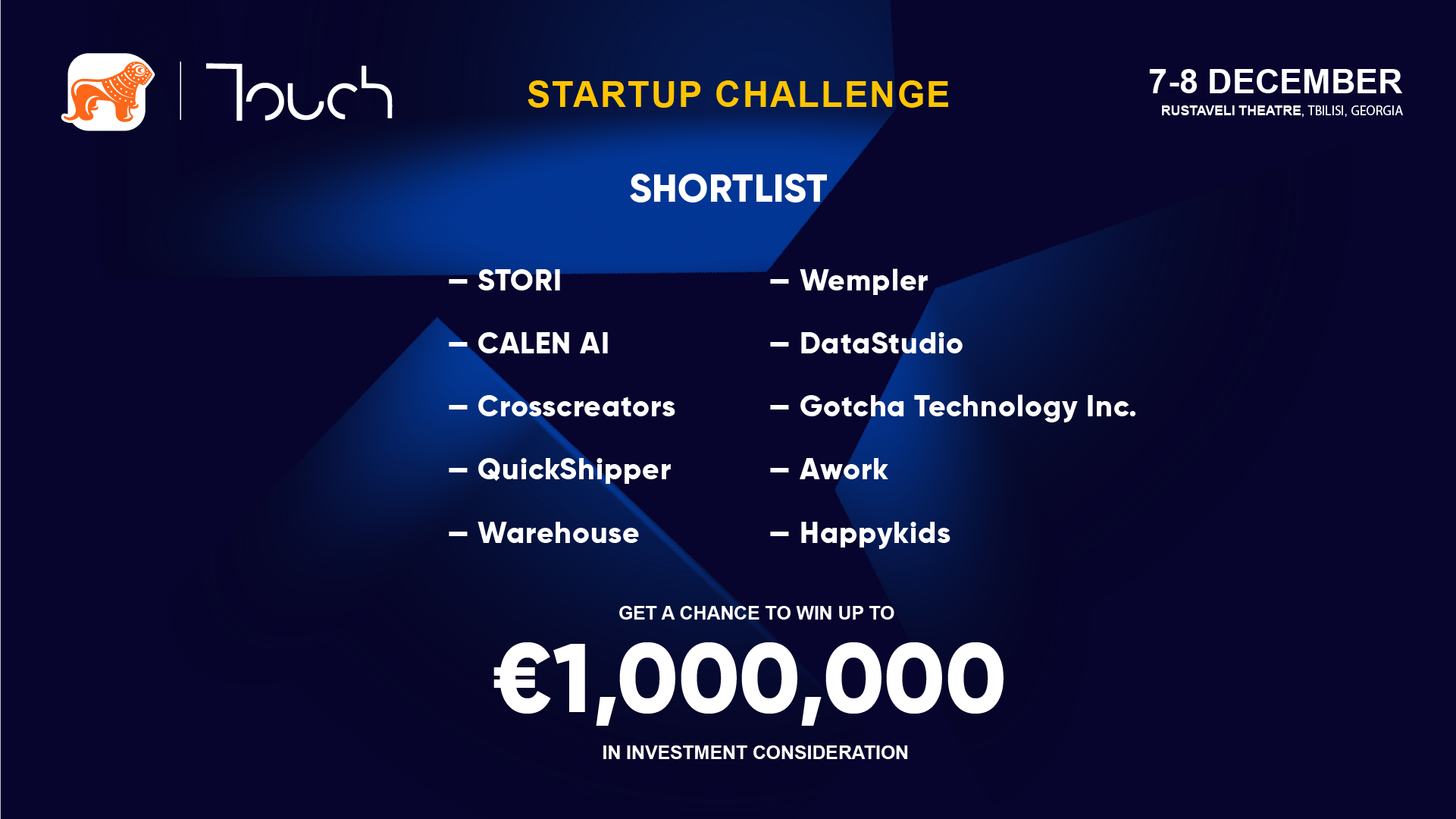 Touch Summit-ის Startup Challenge-ის შორთლისთი ცნობილია - სამიტის გენერალური პარტნიორი ...